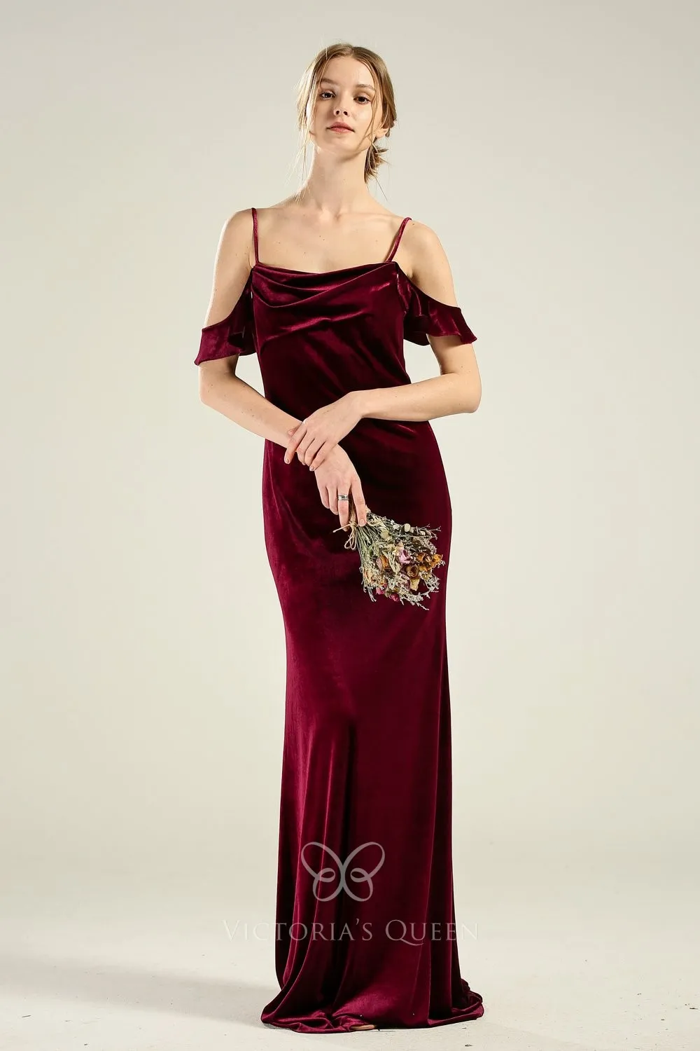 Ruffled Off-shoulder Burgundy Velvet Wedding Party Dress - VQ