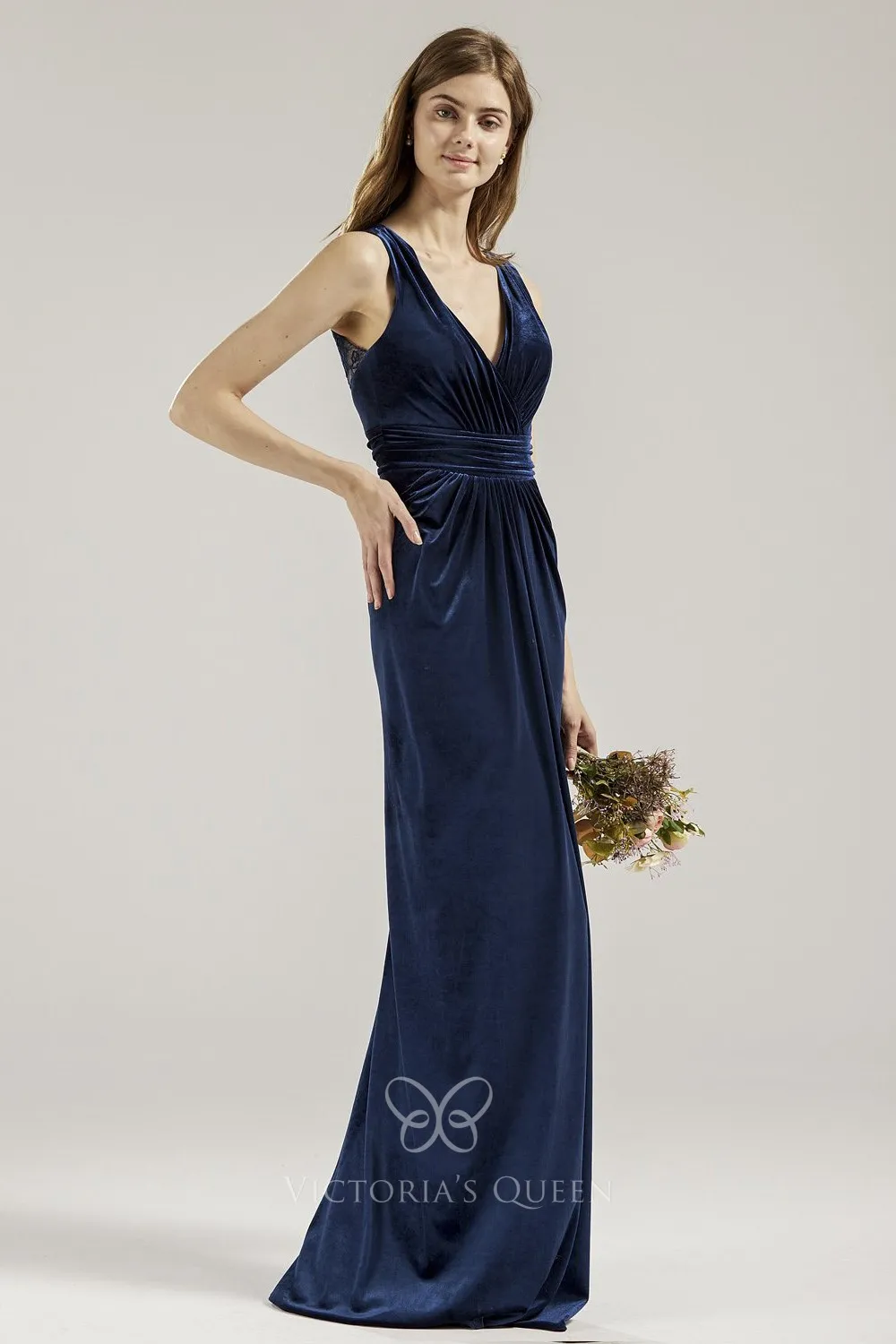 Simple V Neck Sleeveless Sheath Navy Velvet Bridesmaid Dress - VQ