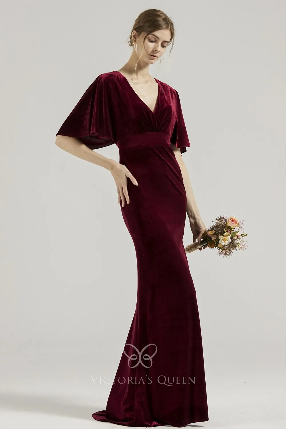Maroon Velvet Short Flutter Sleeve Mermaid Formal Gown - VQ