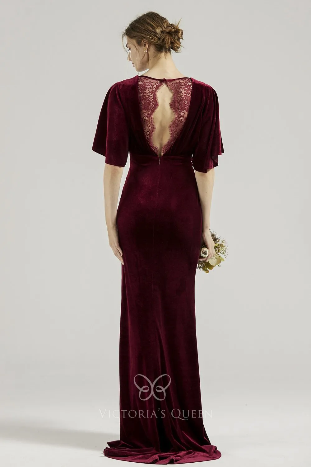 Maroon Velvet Short Flutter Sleeve Mermaid Formal Gown - VQ