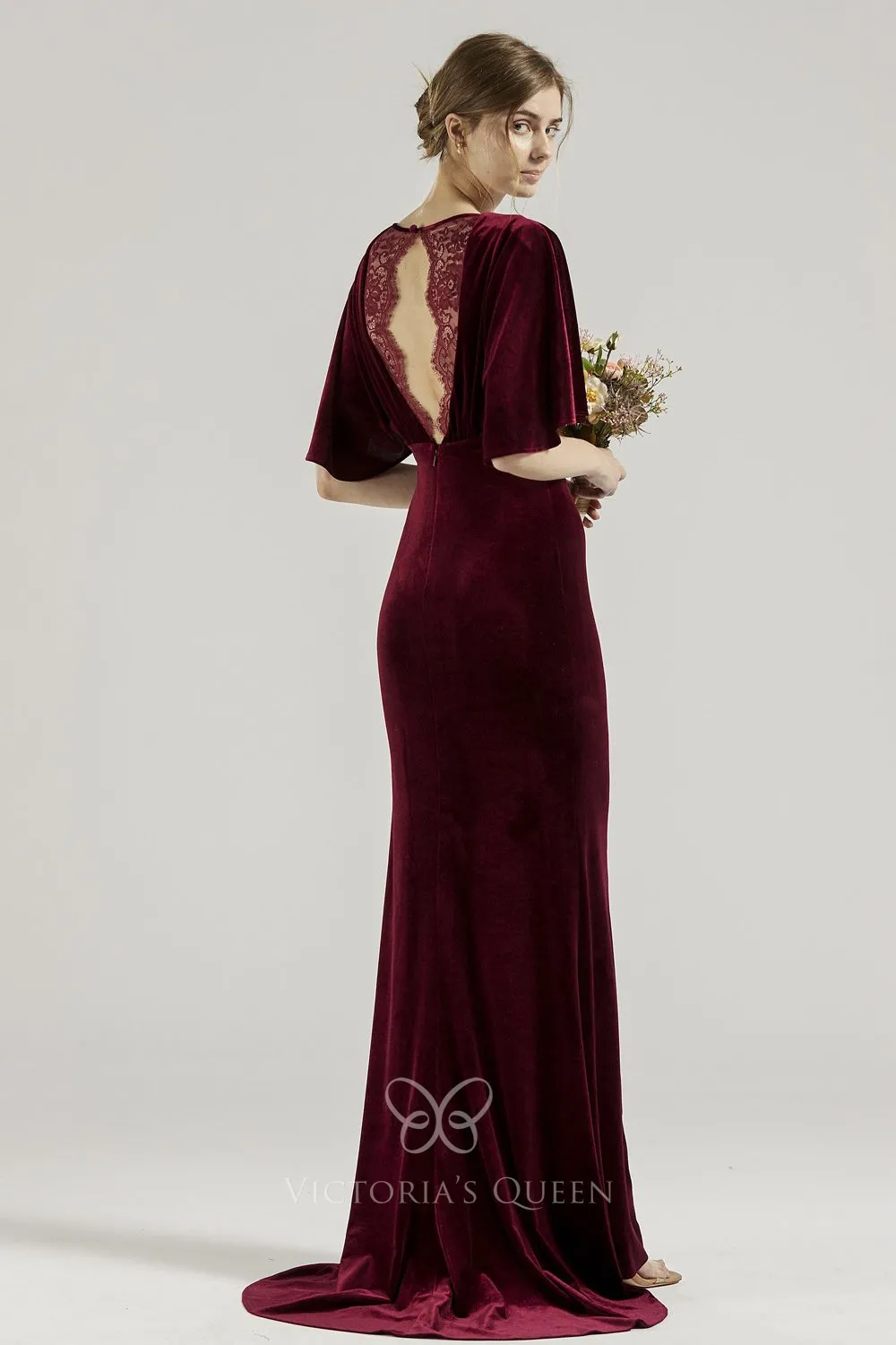 Maroon Velvet Short Flutter Sleeve Mermaid Formal Gown - VQ