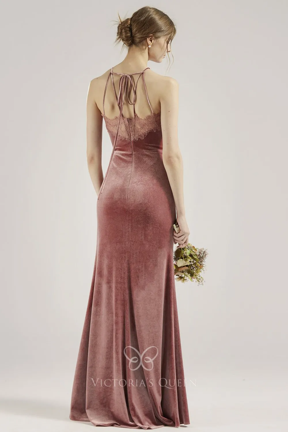 Dusty Pink Velvet & Lace Strappy Back Slit Bridesmaid Dress - VQ