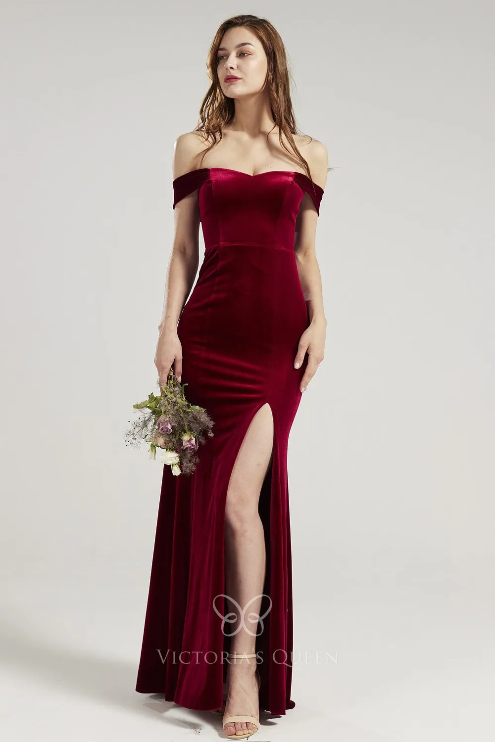 Elegant Wine Velvet Off-shoulder Slit Maid of Honor Dress - VQ