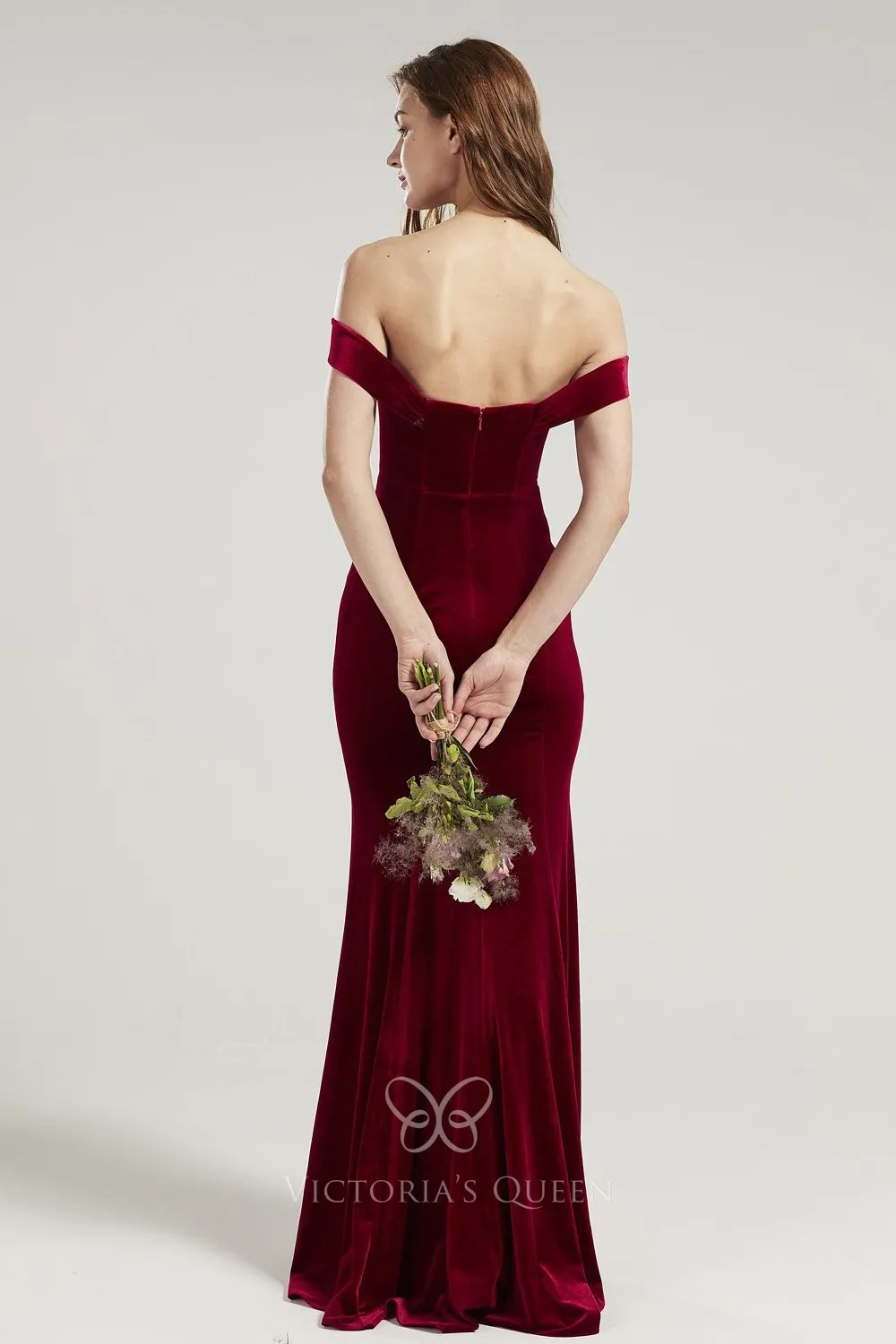 Elegant Wine Velvet Off-shoulder Slit Maid of Honor Dress - VQ