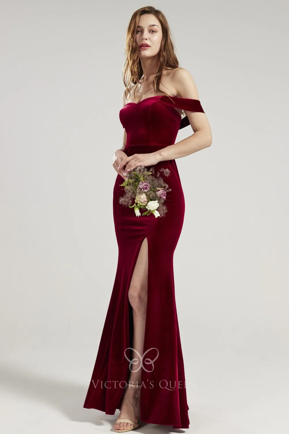 Elegant Wine Velvet Off-shoulder Slit Maid of Honor Dress - VQ