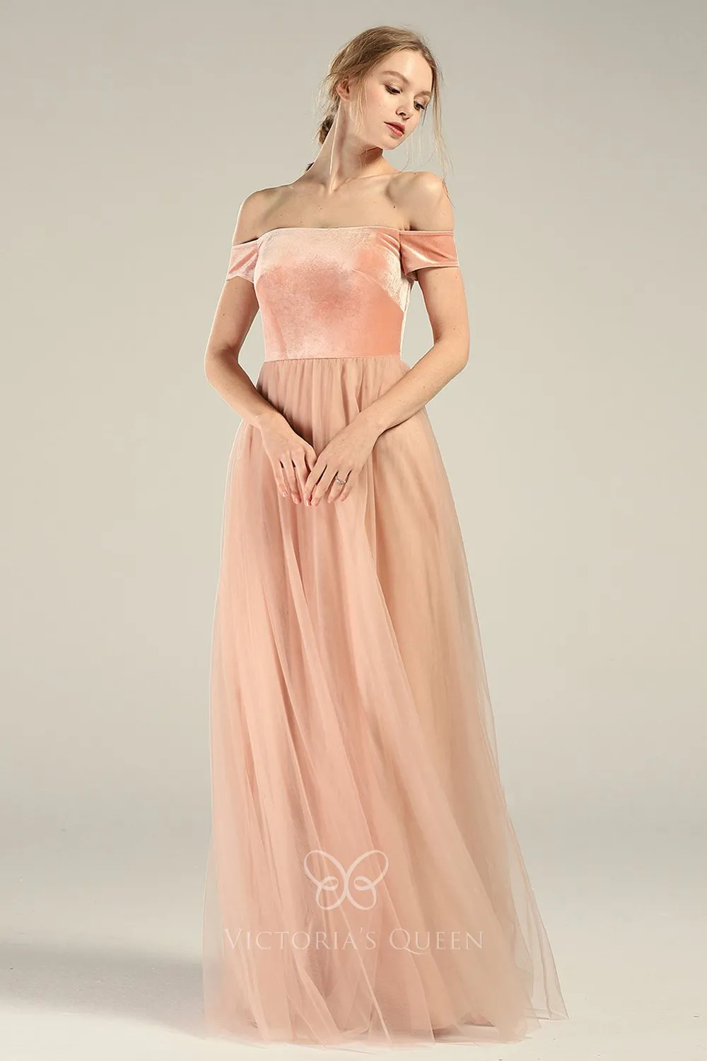 Off-shoulder A-line Peach Velvet & Tulle Bridesmaid Dress - VQ