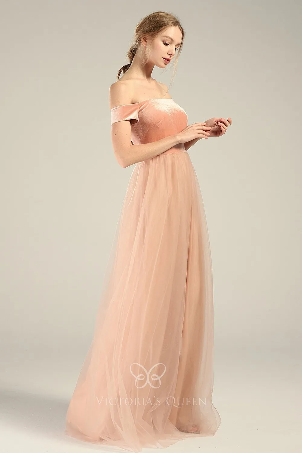 Off-shoulder A-line Peach Velvet & Tulle Bridesmaid Dress - VQ