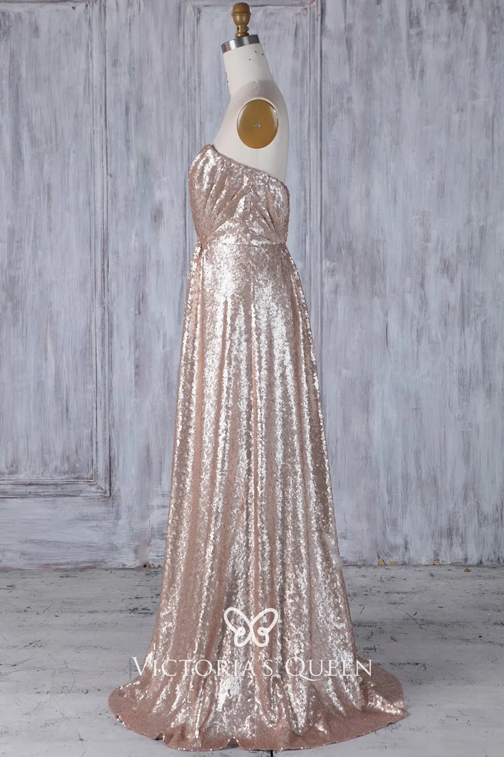 Ruched Champagne Sequin Strapless Long Bridesmaid Dress - VQ