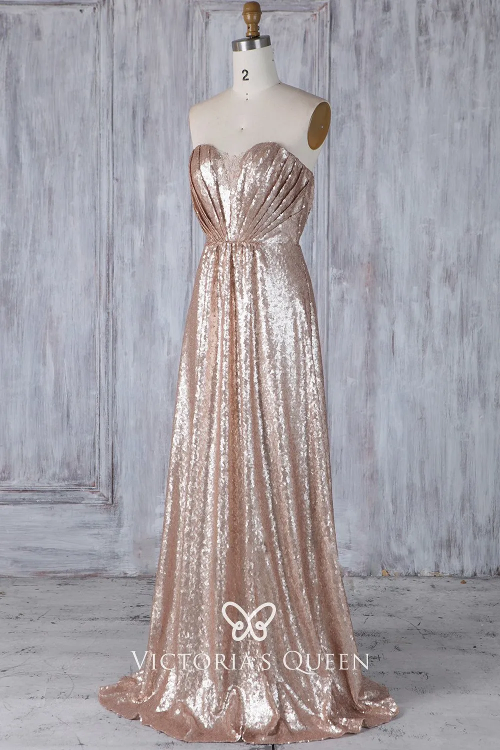 Ruched Champagne Sequin Strapless Long Bridesmaid Dress - VQ