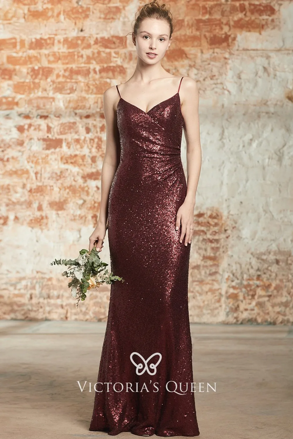 Maroon Sequin V-neck Thin Straps Mermaid Bridesmaid Dress - VQ
