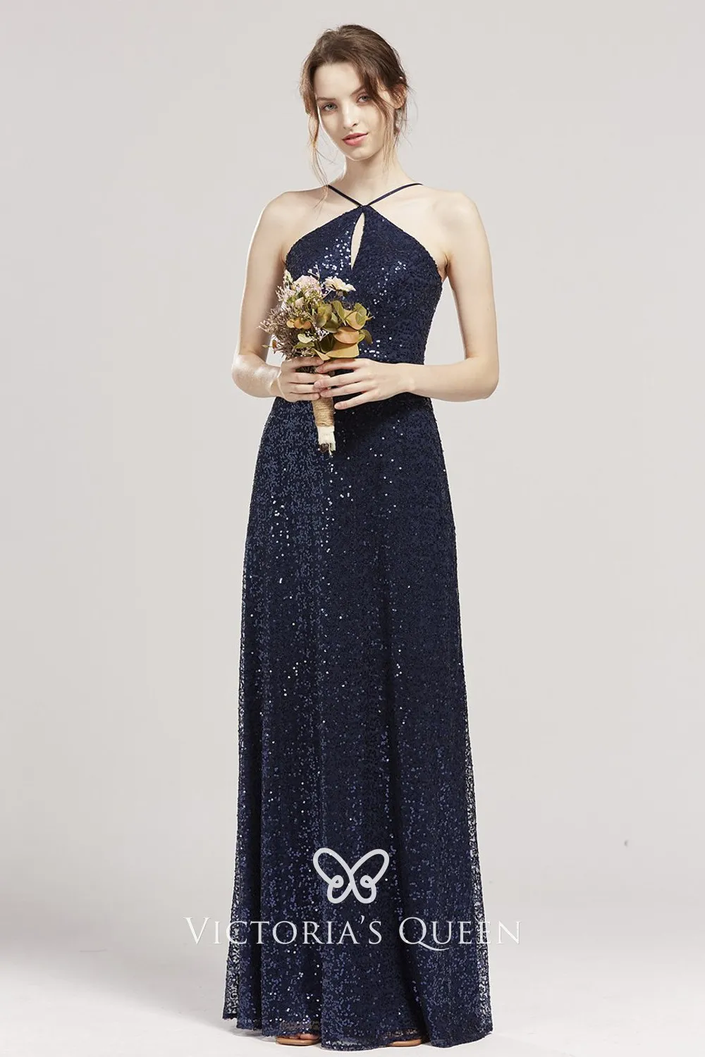 Navy Sequin Keyhole Neckline Thin Halter Bridesmaid Dress - VQ