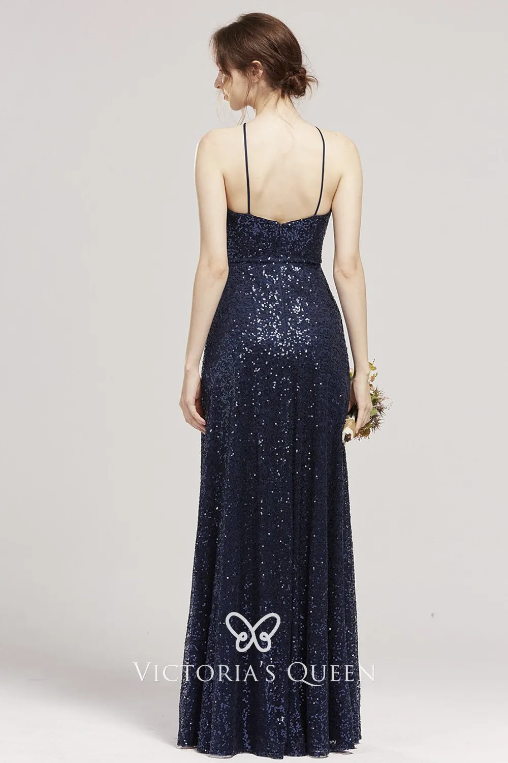 Navy Sequin Keyhole Neckline Thin Halter Bridesmaid Dress - VQ