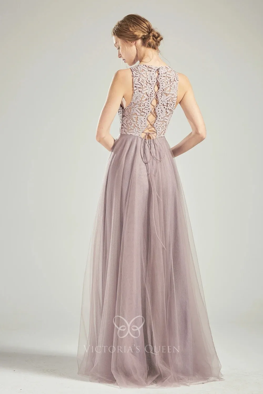 Rustic Tan Lace & Tulle Sleeveless A-line Bridal Party Dress - VQ