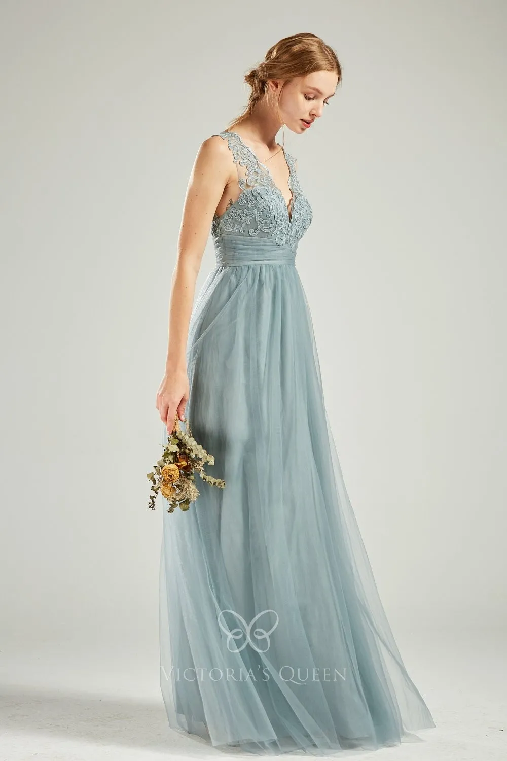 Dusty Blue Lace Tulle Scalloped V Neck A-line Party Gown - VQ