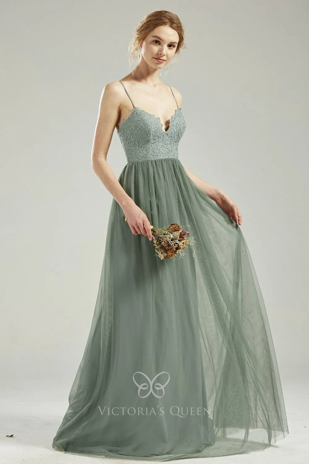 Sweetheart Spaghetti Strap Sage Lace Tulle Bridal Party Gown - VQ