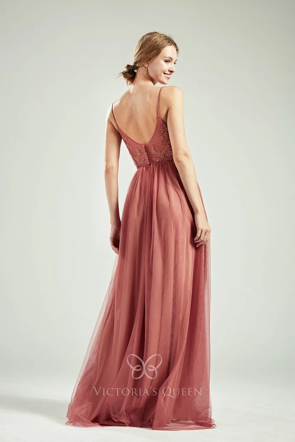Canyon Rose Tulle Criss-cross Pleated Bodice Bridesmaid Gown - VQ
