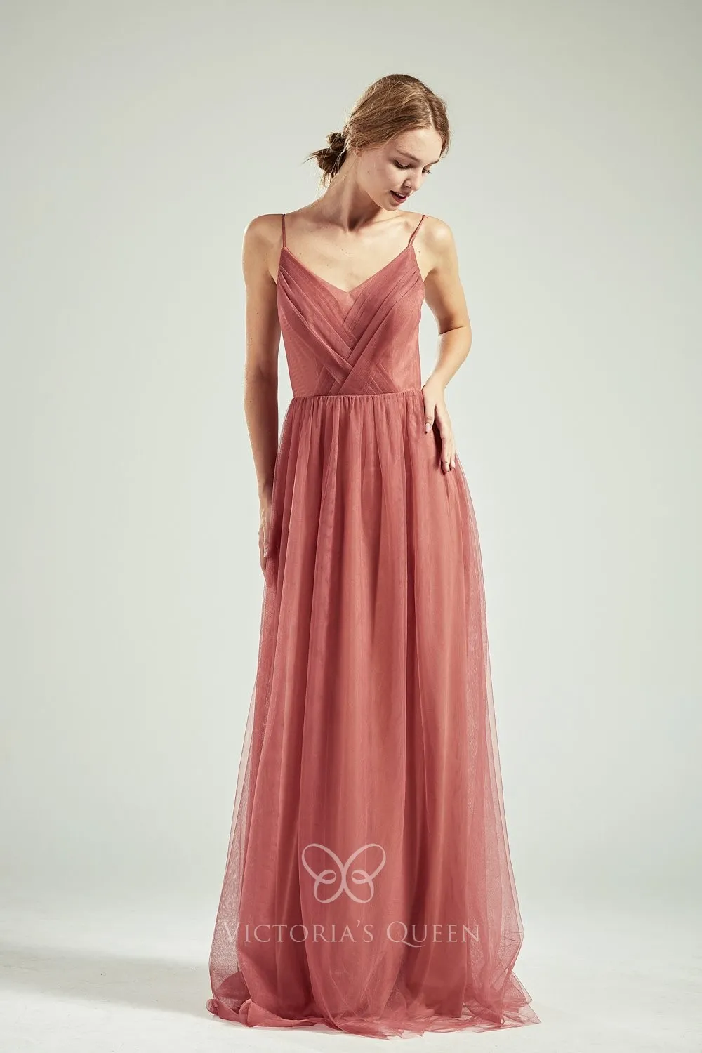 Canyon Rose Tulle Criss-cross Pleated Bodice Bridesmaid Gown - VQ