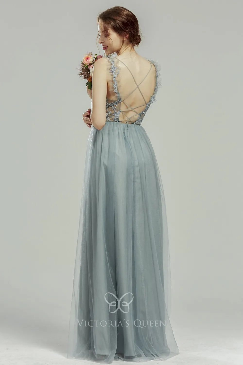 Attractive Cold Shoulder Dusty Blue Strap Back Party Dress - VQ