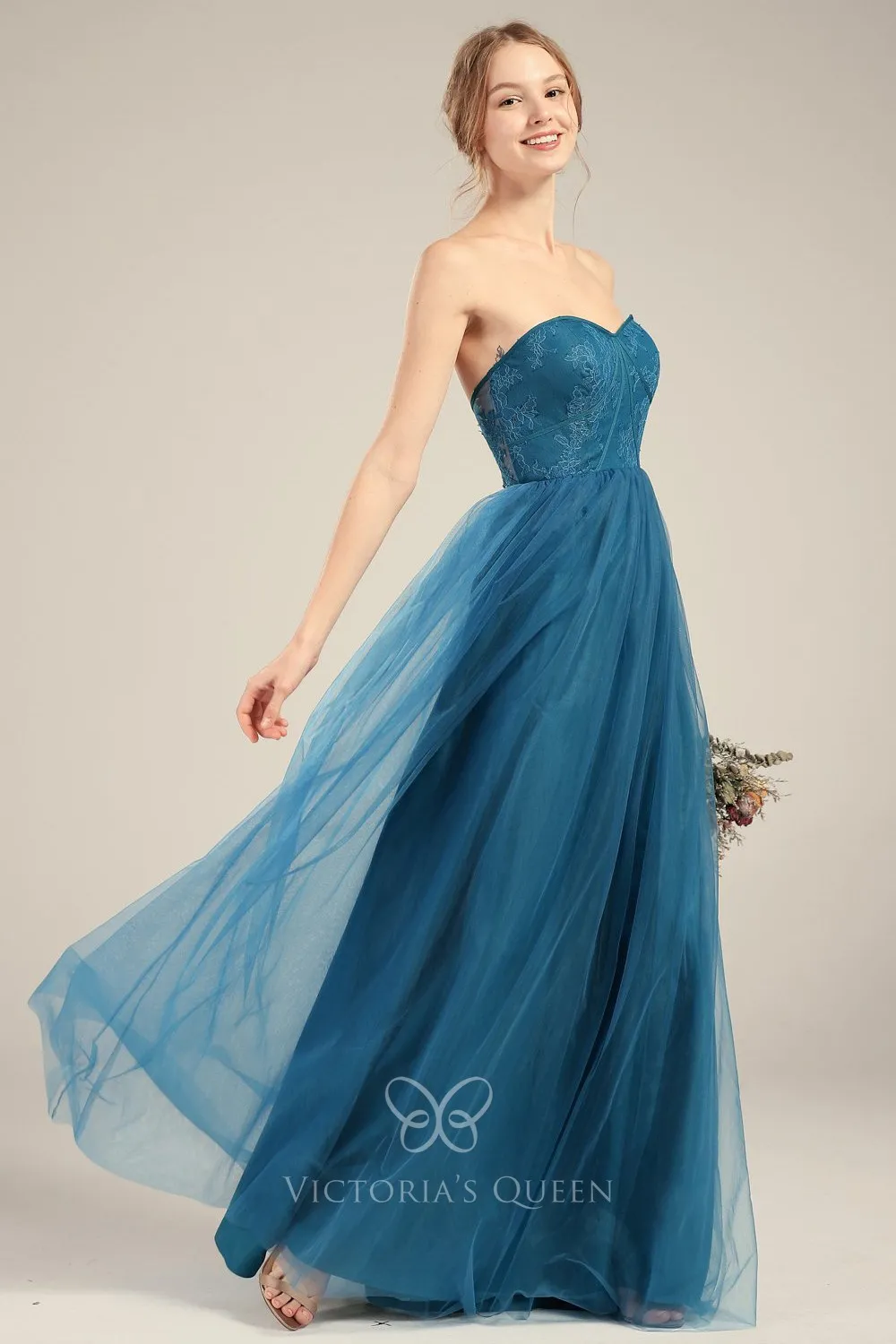 Ink Blue Lace and Tulle Strapless Sweetheart Bridesmaid Gown - VQ