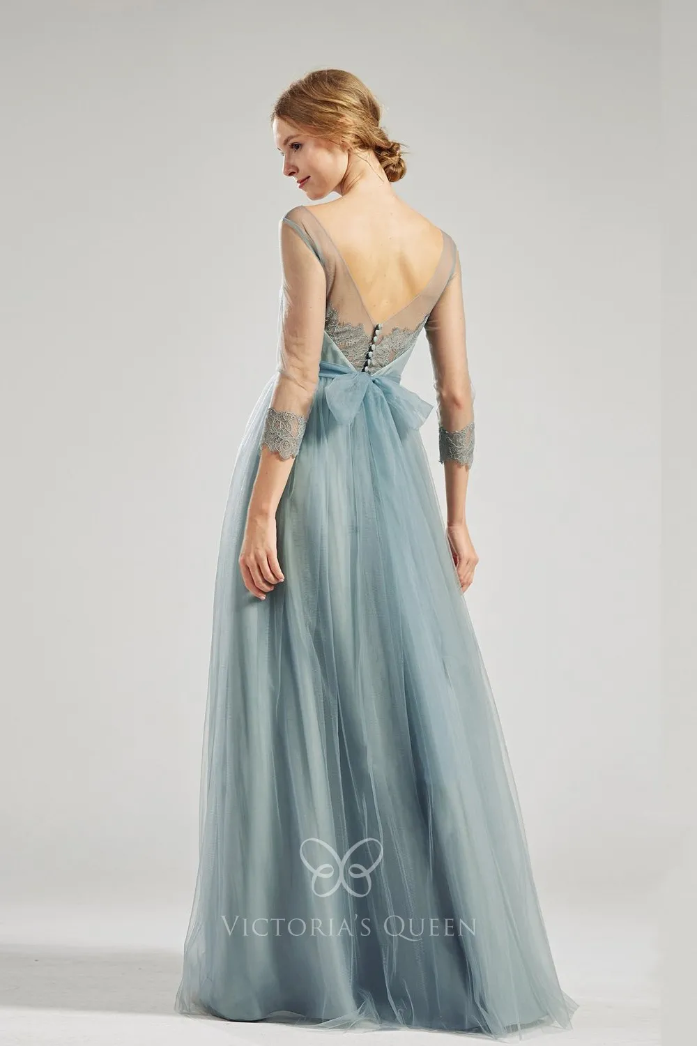 Illusion Sweetheart 3/4 Sleeves Dusty Blue Tulle Party Dress - VQ