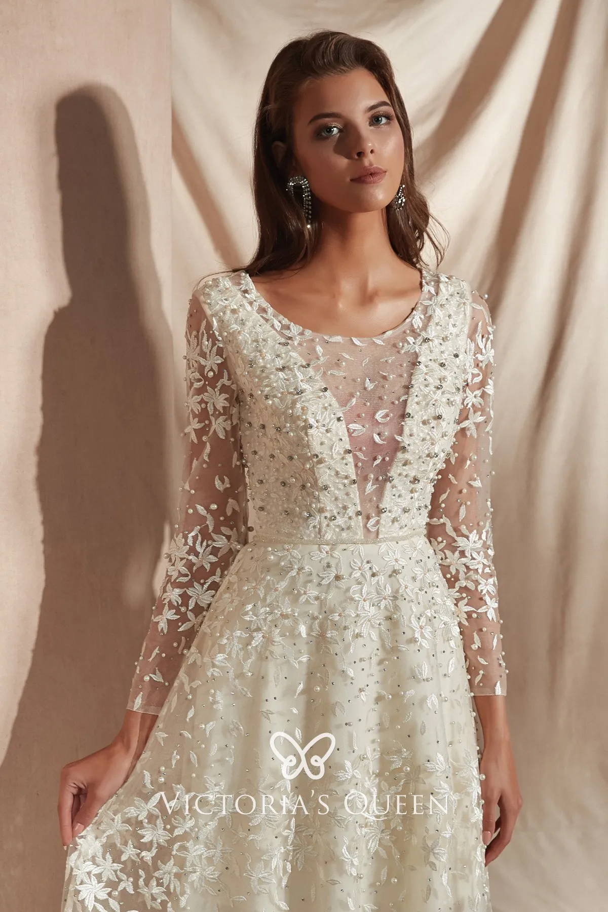 Embroidered Leaf Lace with Pearls Overlay Ivory Formal Dress - VQ