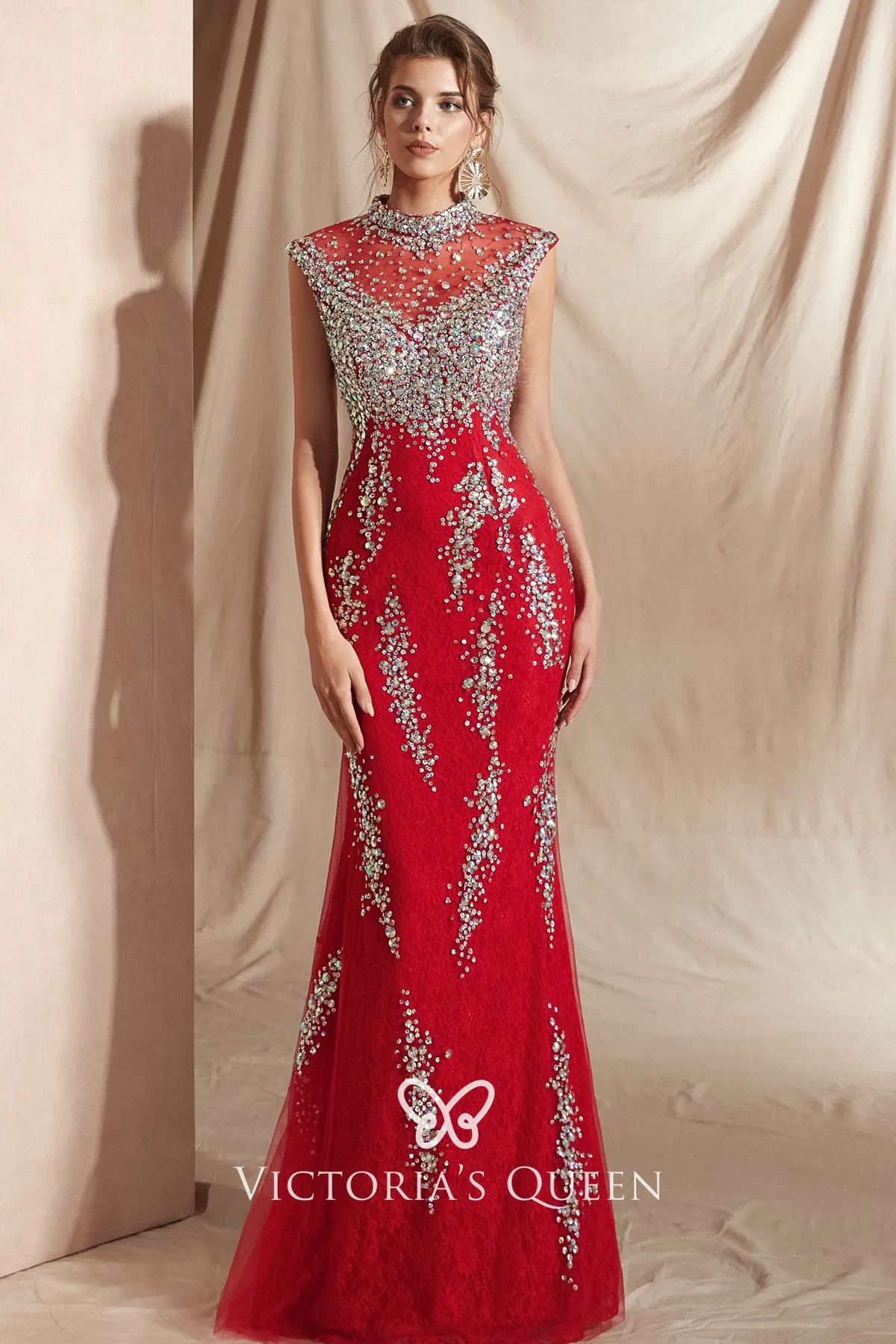 Luxury Beads and Diamonds Red Lace Mermaid Prom Dress - VQ