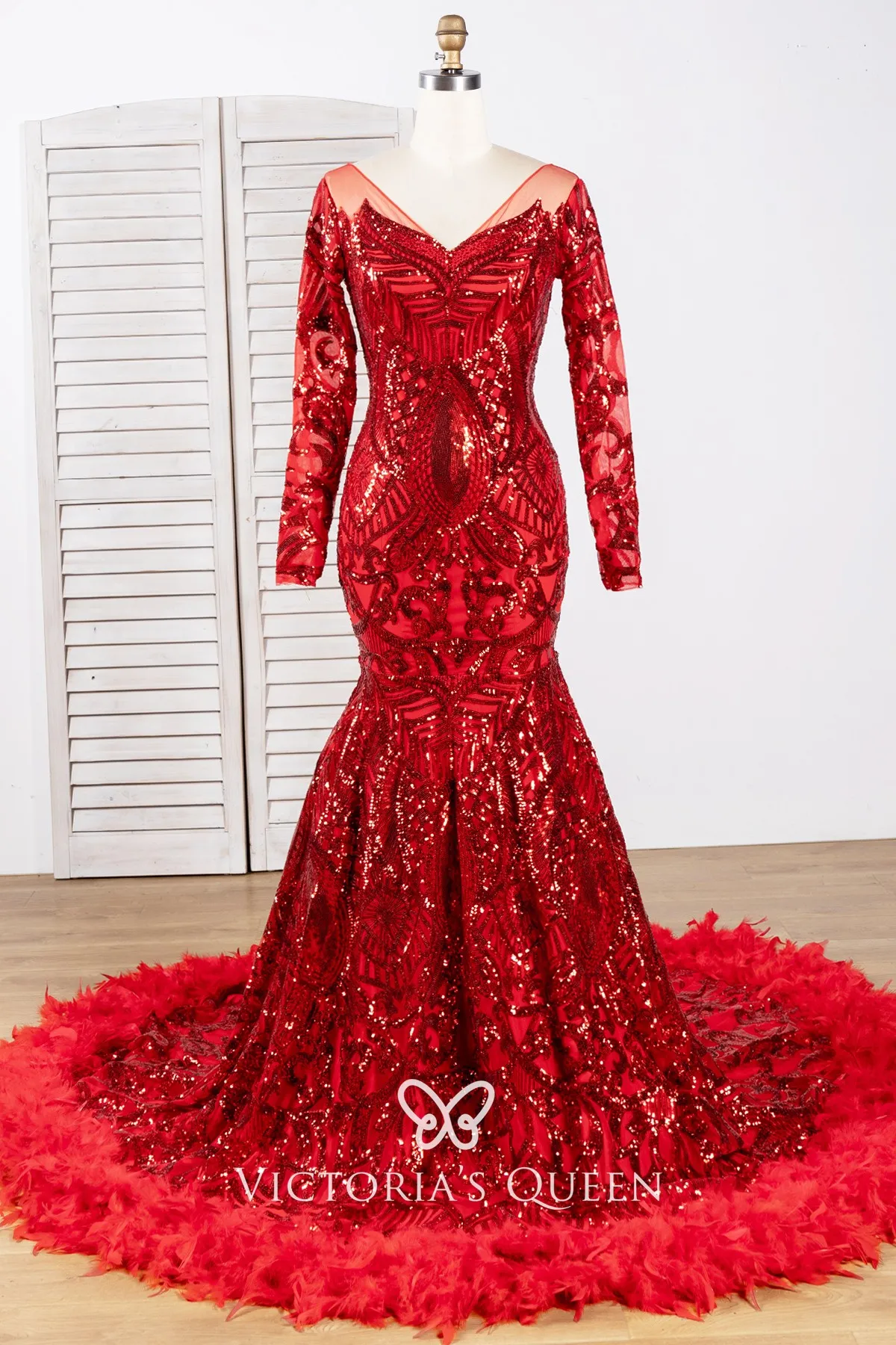 Fabulous Red Sequin Feather Hem Long Sleeves Prom Dress - VQ