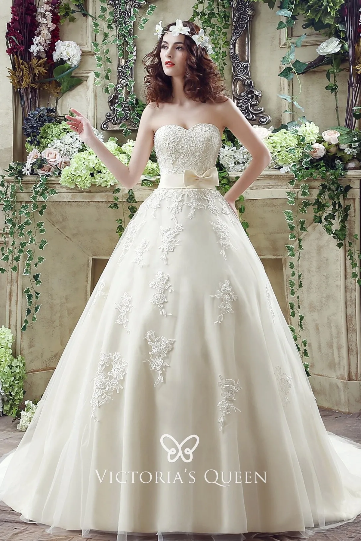 Strapless Sweetheart Bow Belt Princess Wedding Gown - VQ