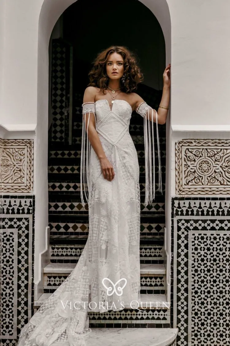 Unique Tassel Sleeves Patterned Lace Column Bridal Gown - VQ