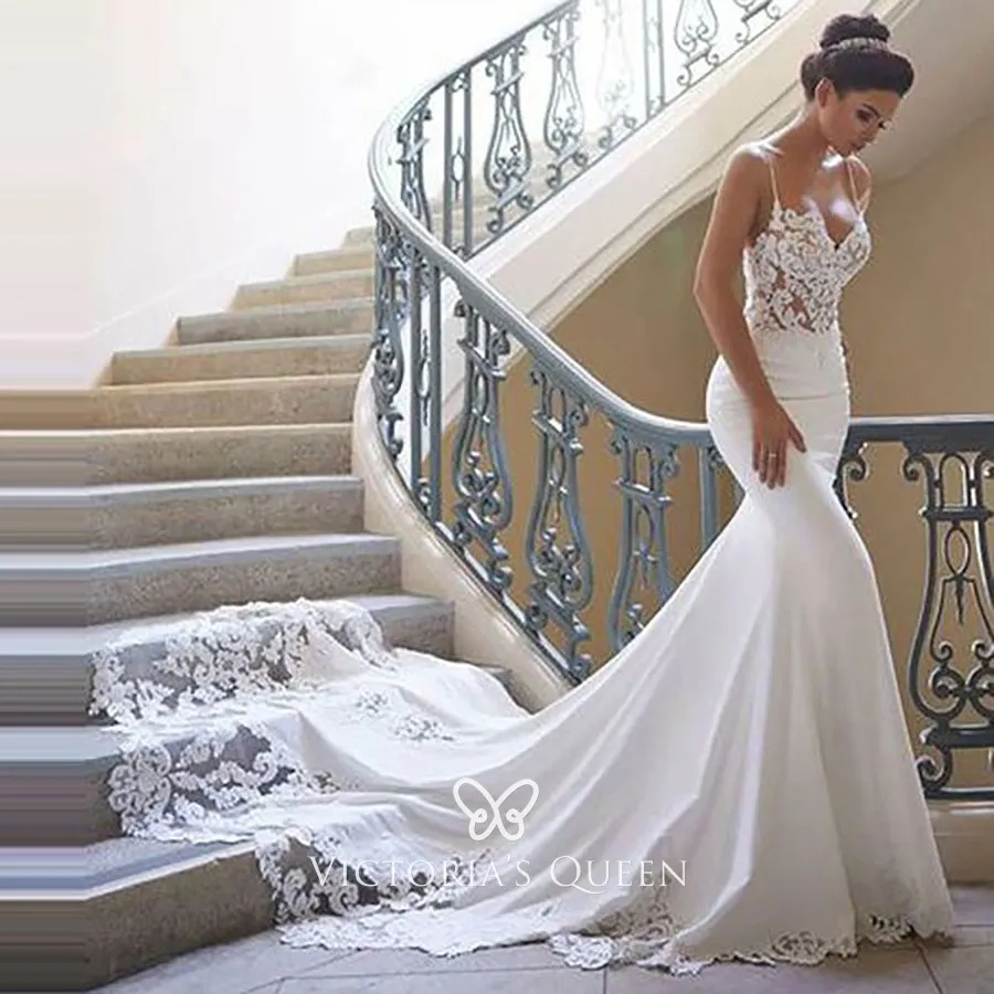 Fancy Lace & Satin Scalloped Chapel Train Wedding Dress - VQ