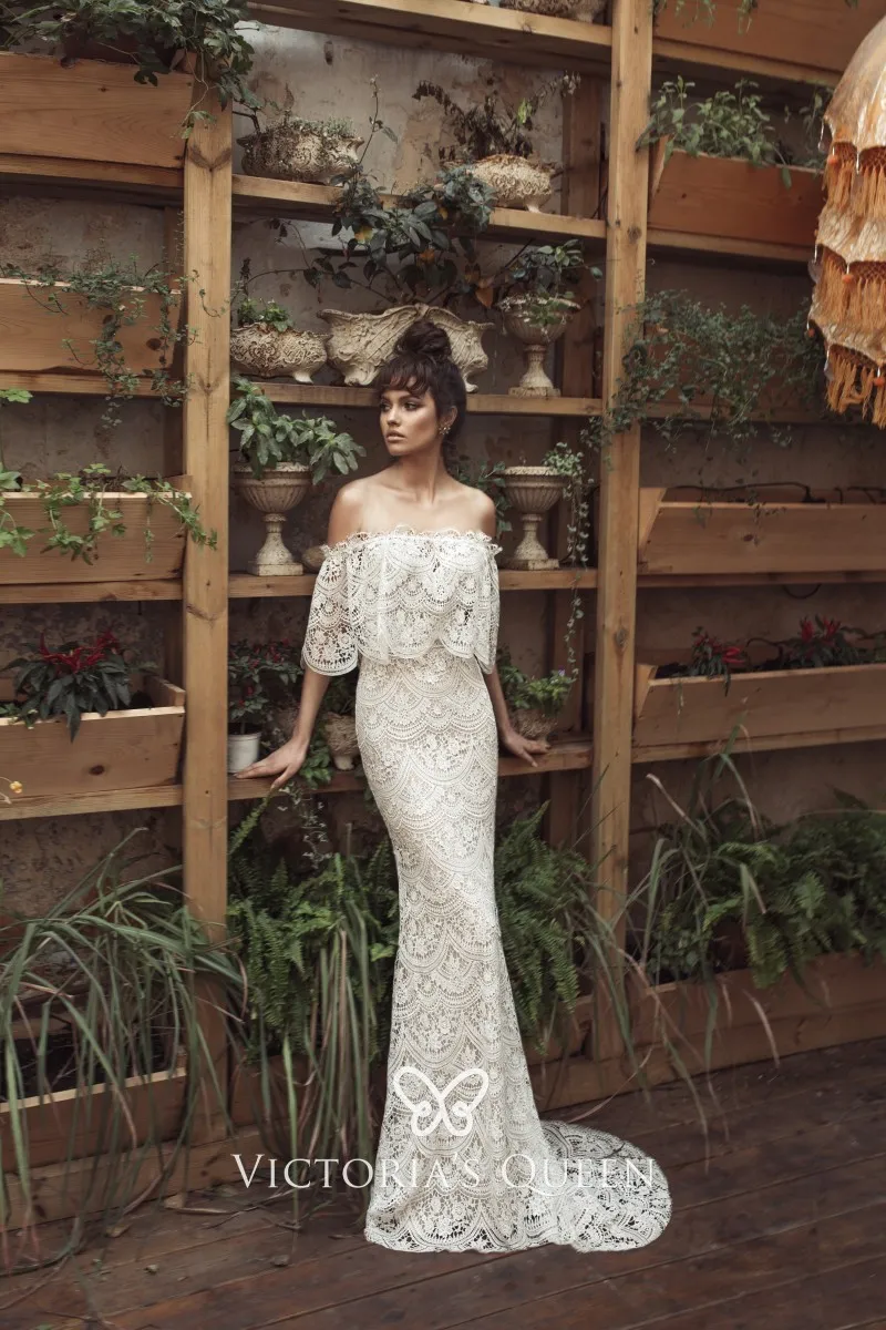 Boho Off-shoulder Scalloped Eyelash Lace Wedding Dress - VQ