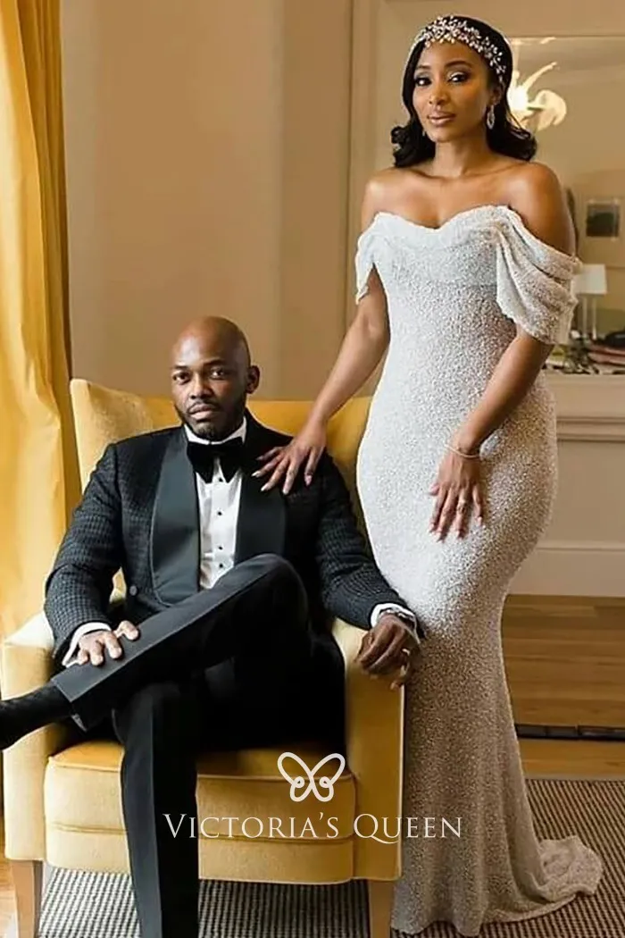 Off-shoulder Ivory Glitter Mermaid Bridal Engagement Dress - VQ