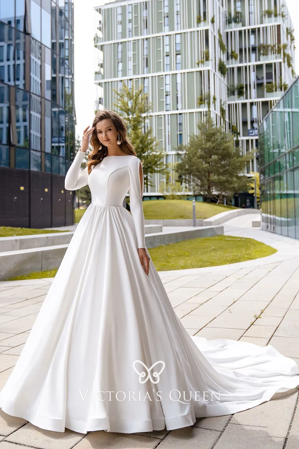 Beautiful Satin Sleeved Flounced Chapel Train Wedding Dress - VQ