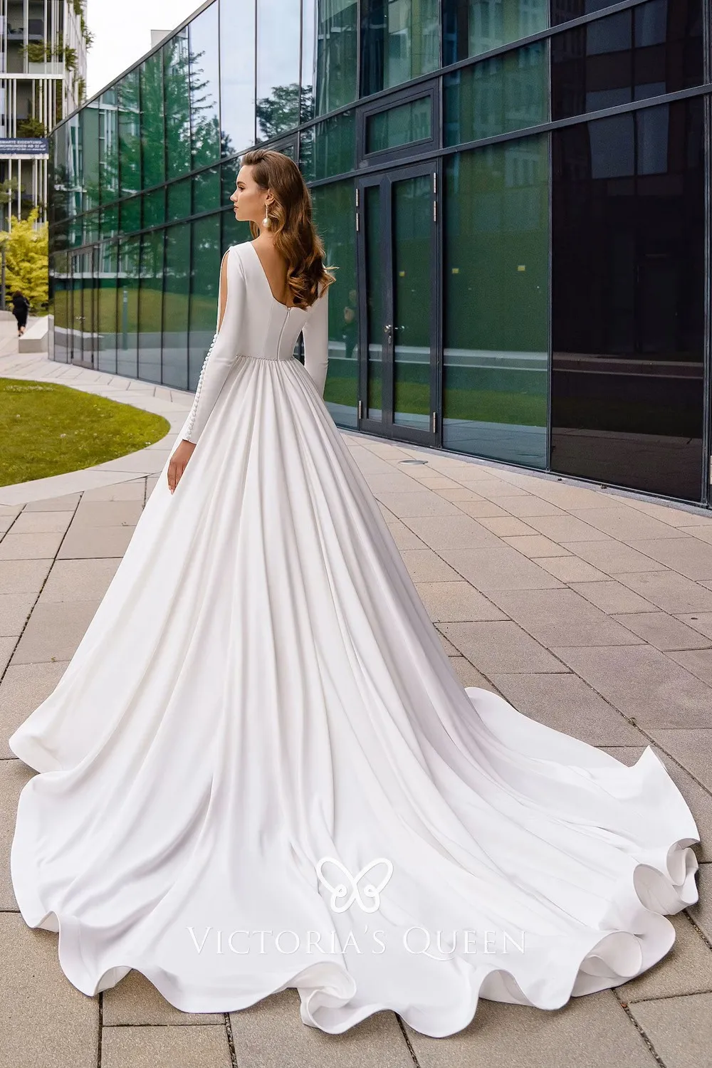 Beautiful Satin Sleeved Flounced Chapel Train Wedding Dress - VQ