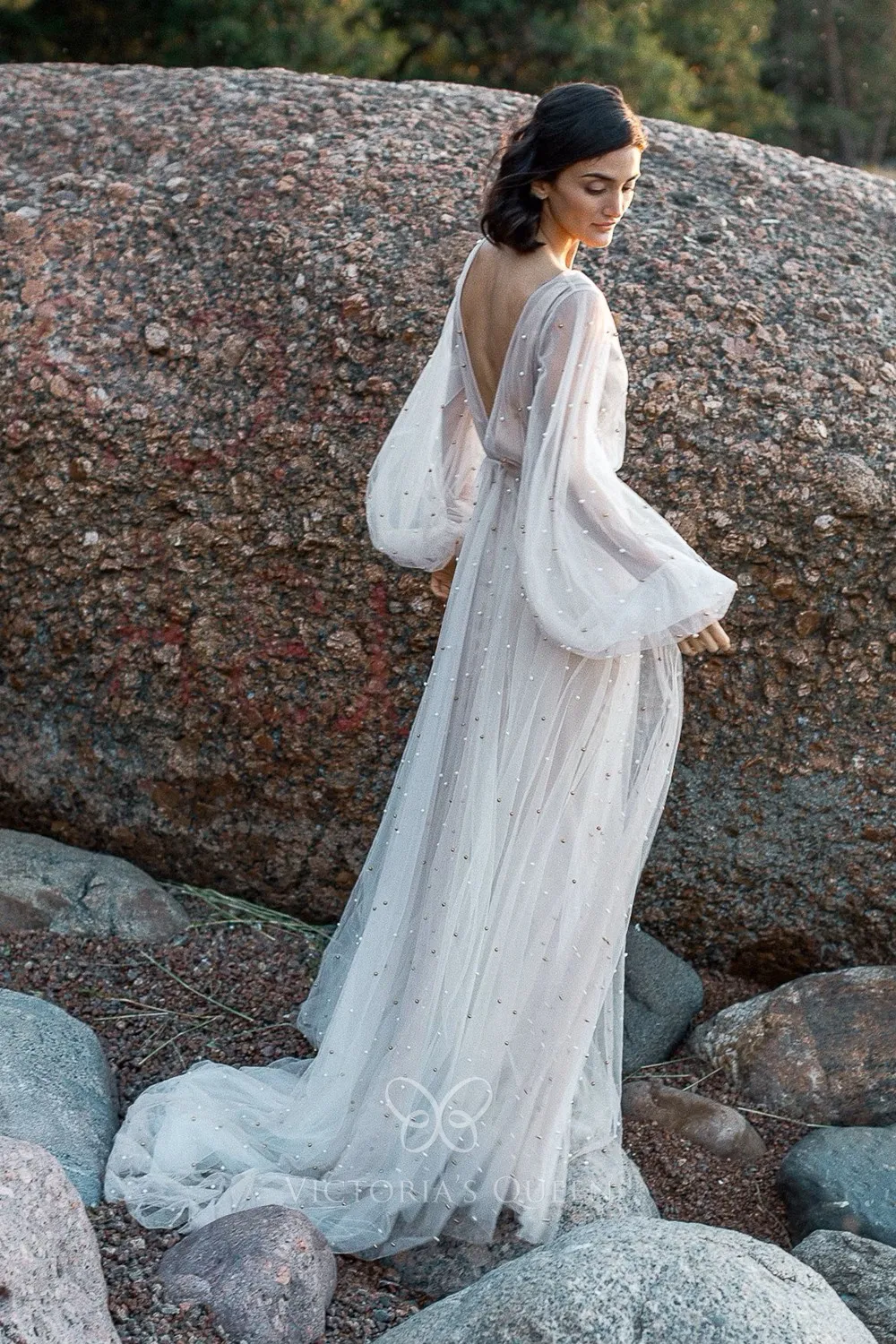 Pearled Tulle V Back Puff Sleeves Beach Wedding Dress - VQ