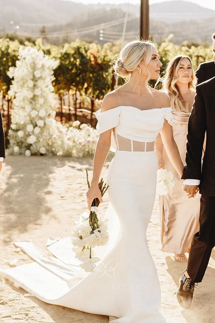 Pleated Neck Sheer Waist Satin Destination Bridal Dress - VQ