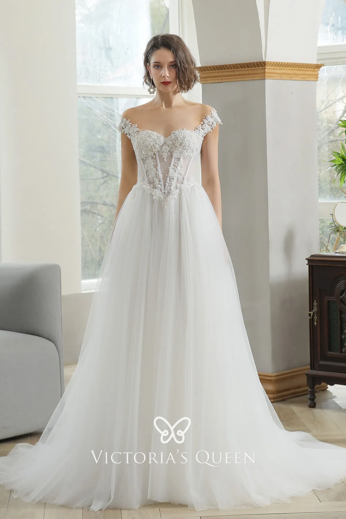 Beaded Lace Appliqued Off-the-shoulder Tulle Wedding Dress - VQ