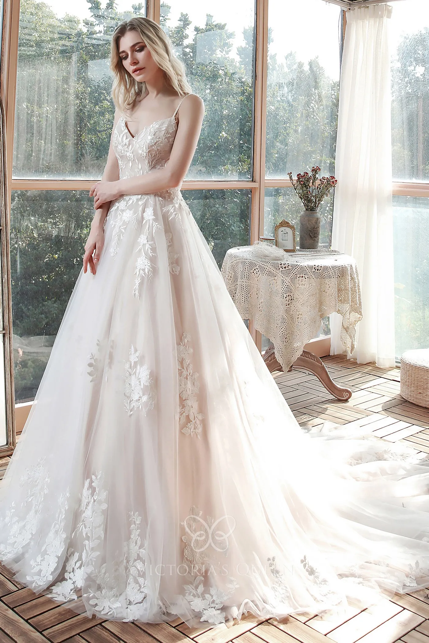 Beautiful V-neck Lace Applique Satin & Tulle Wedding Gown - VQ