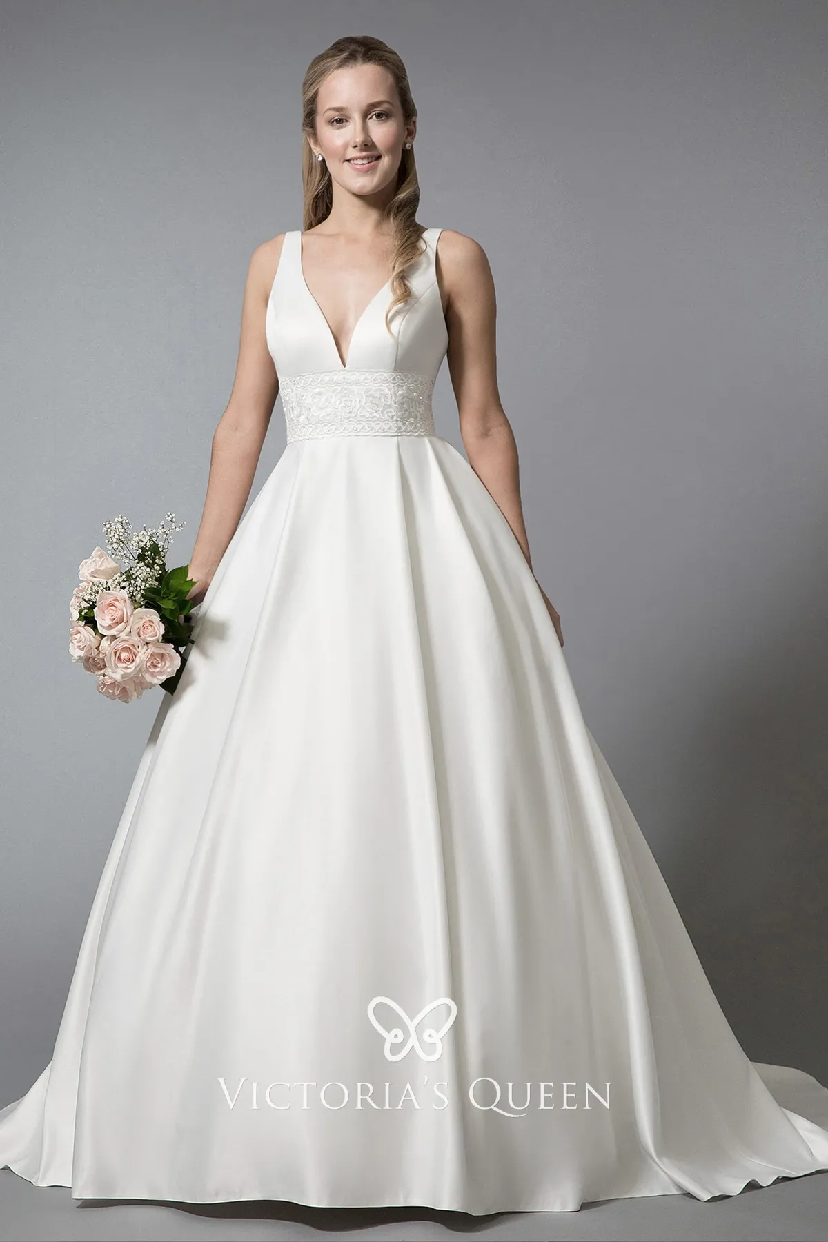 Plunging V Neck Satin Long Ball Gown Modern Wedding Dress - VQ