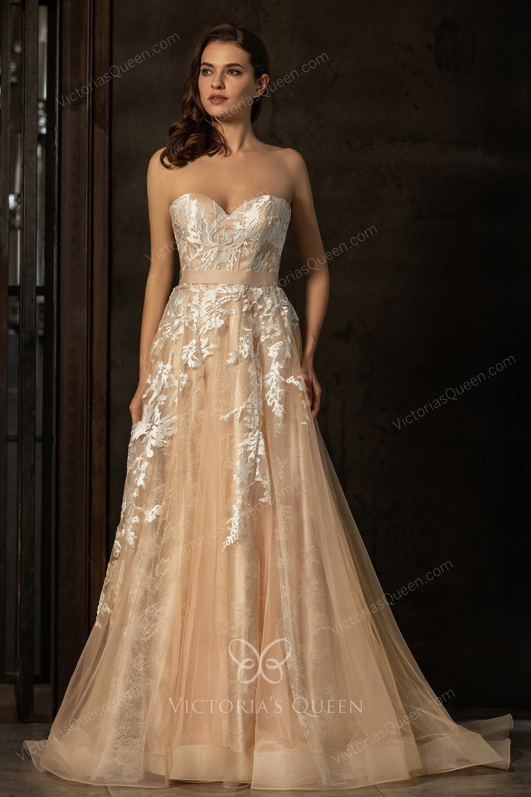 Beautiful Sweetheart Neck Champagne Lace Tulle Bridal Dress - VQ