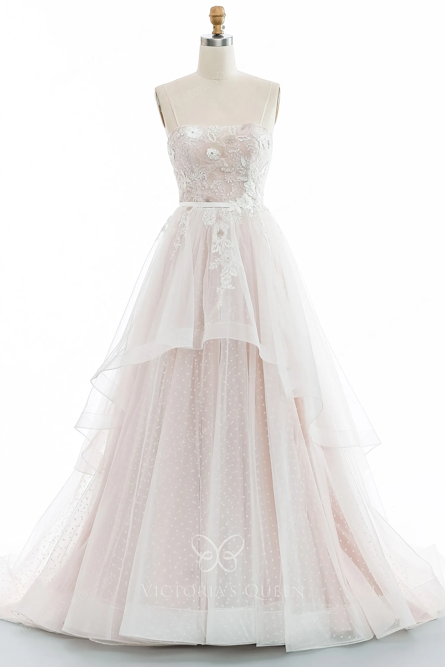 Pink Nude Spaghetti Strap Dot Tulle & Lace Bridal Ball Gown - VQ