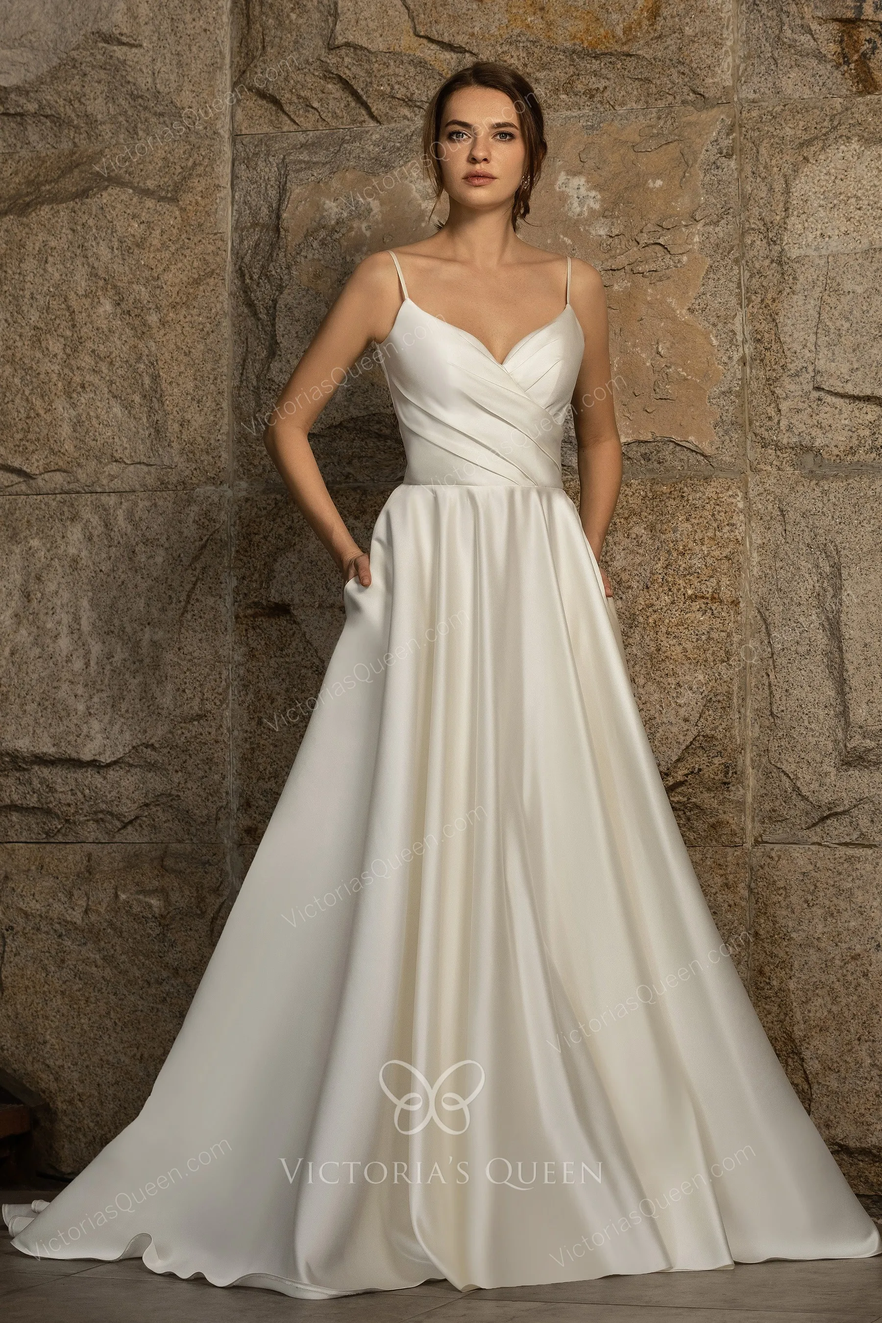 Ivory Satin Spaghetti Strap A-line Bridal Gown with Pockets - VQ