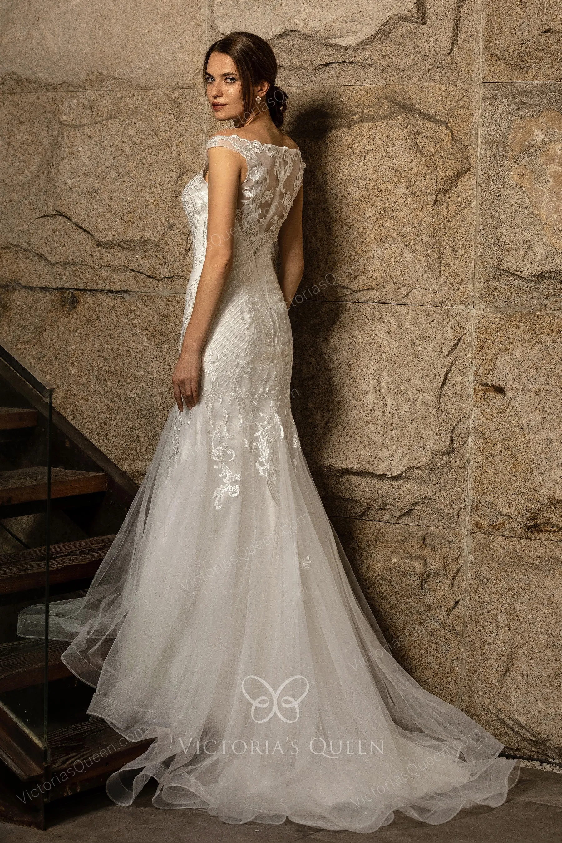 Geometirc Lace & Tulle Off-the-shoulder Mermaid Wedding Gown - VQ