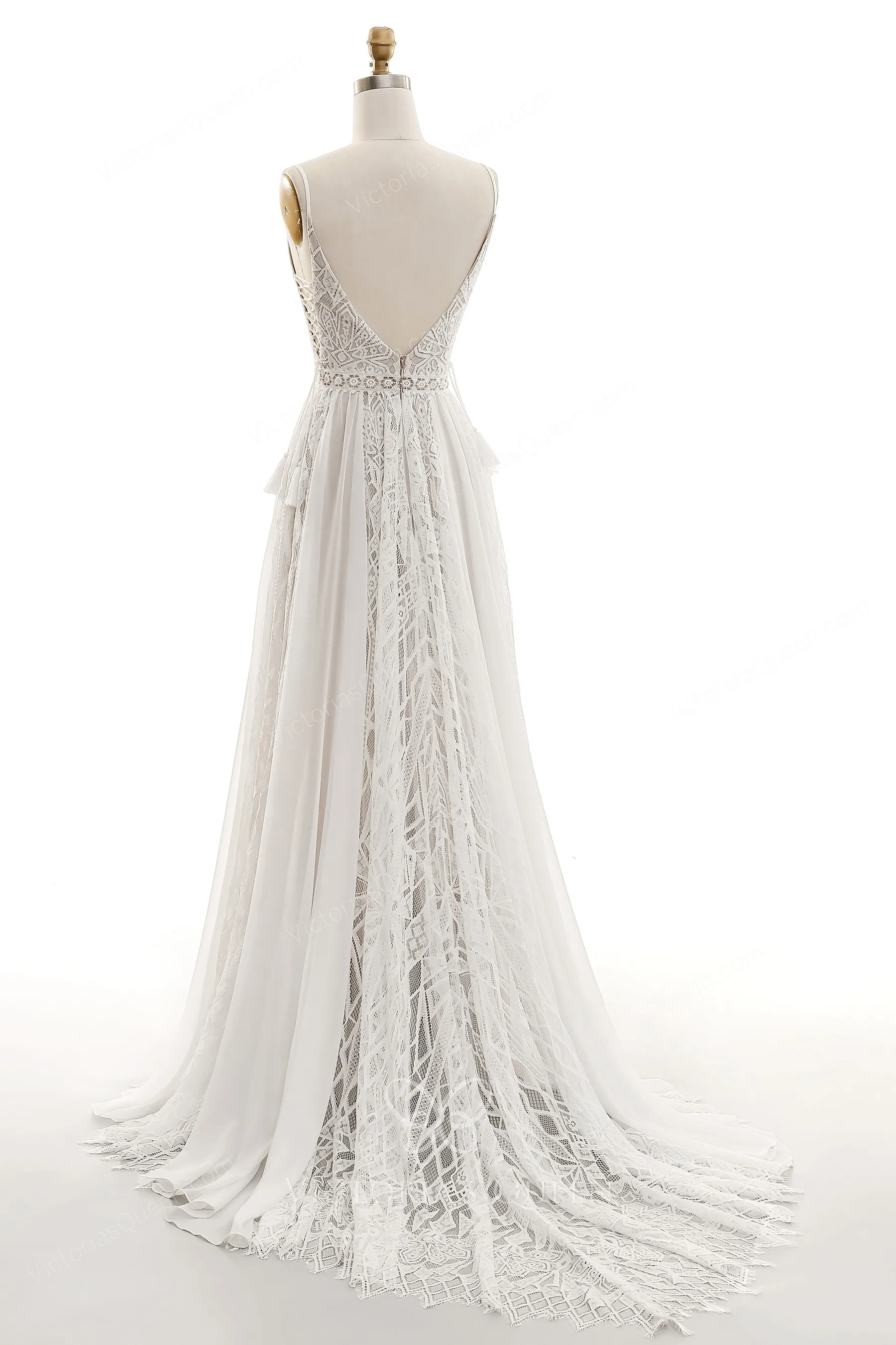 Geometric Pattern Beige Lace V-neck Bohemian Bridal Gown - VQ