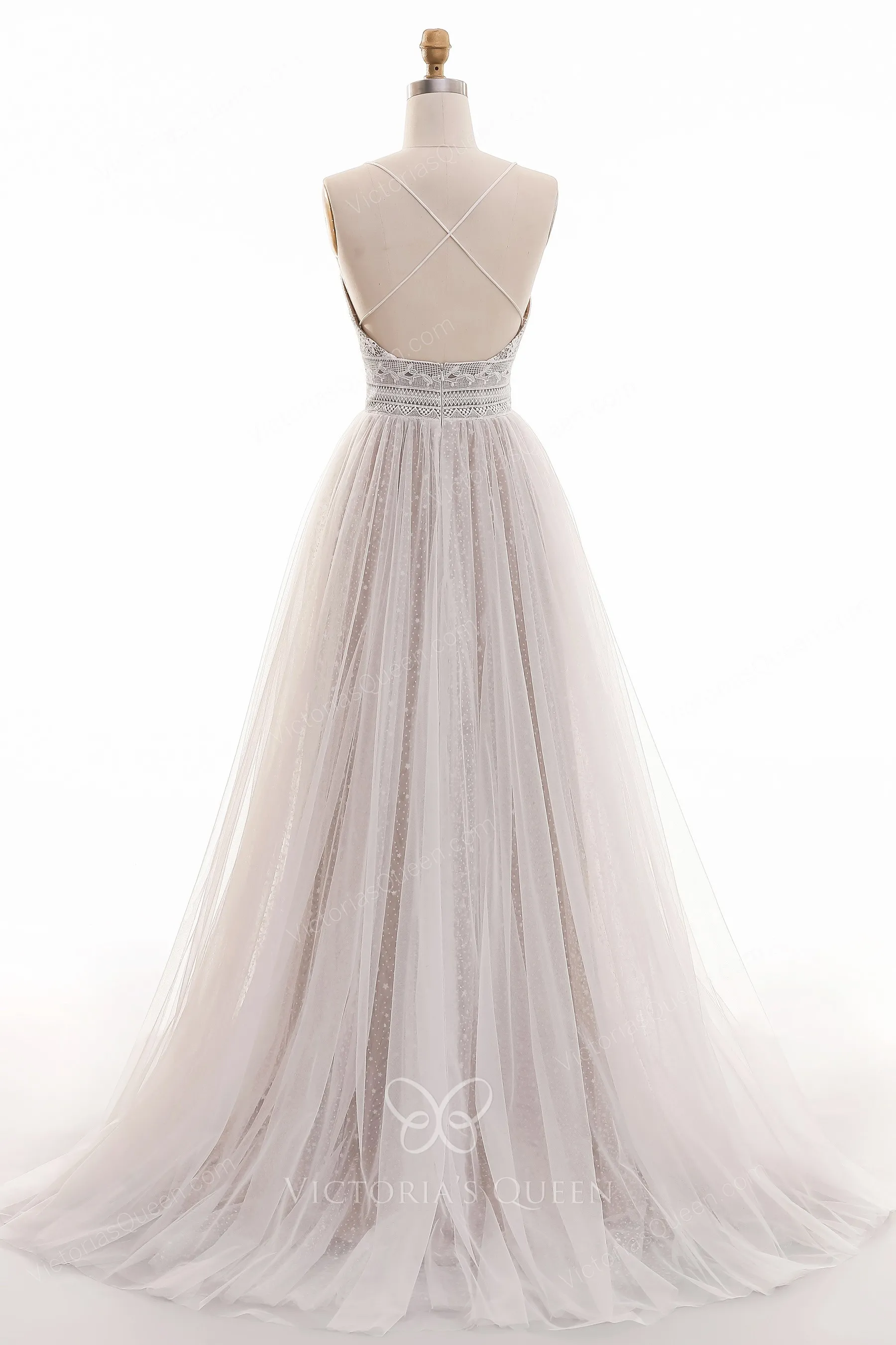 Spaghetti Strap V-neck Lace & Starry Tulle Boho Bridal Dress - VQ