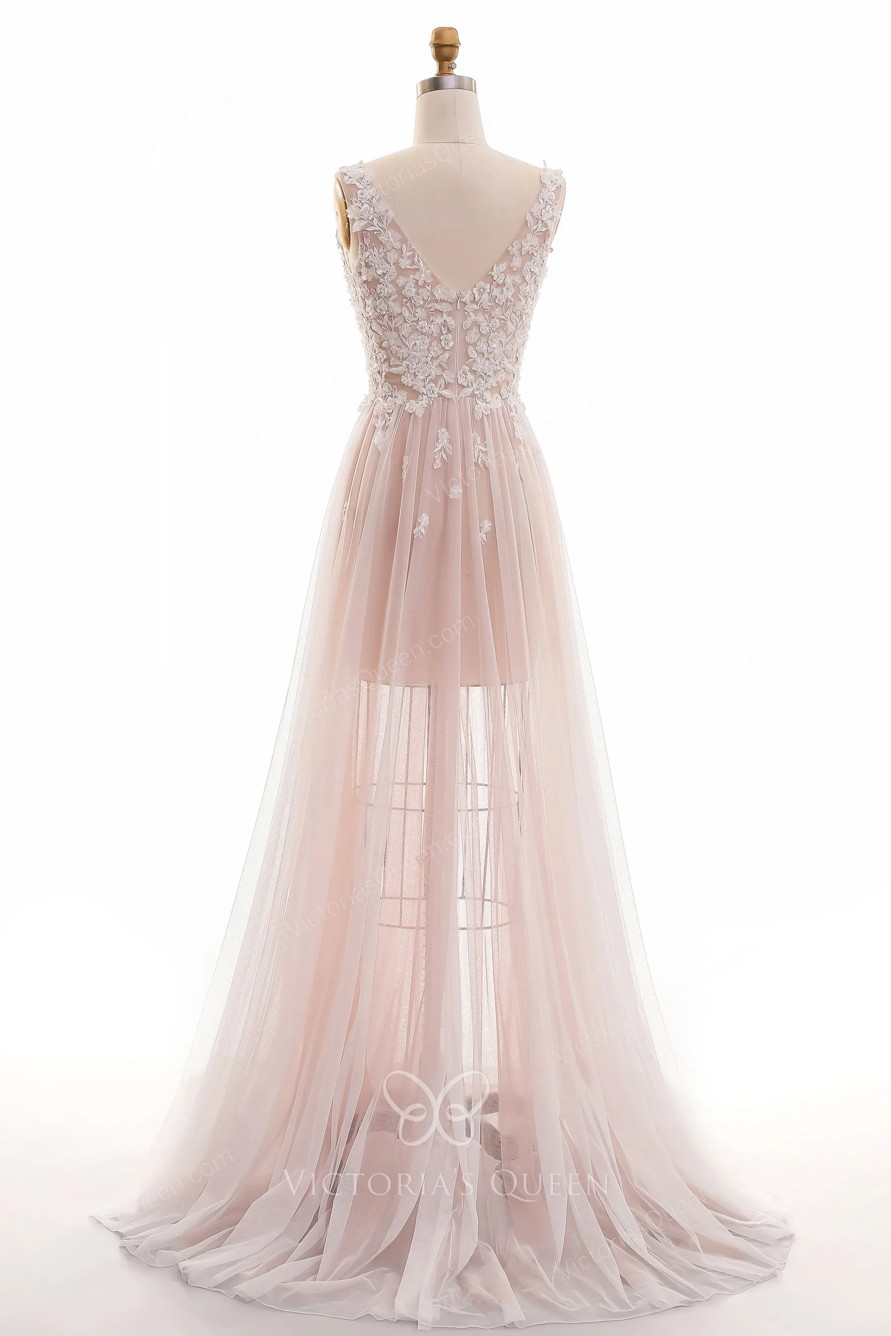 Dusty Rose Beaded Floral Lace & Tulle Sheer Wedding Dress - VQ
