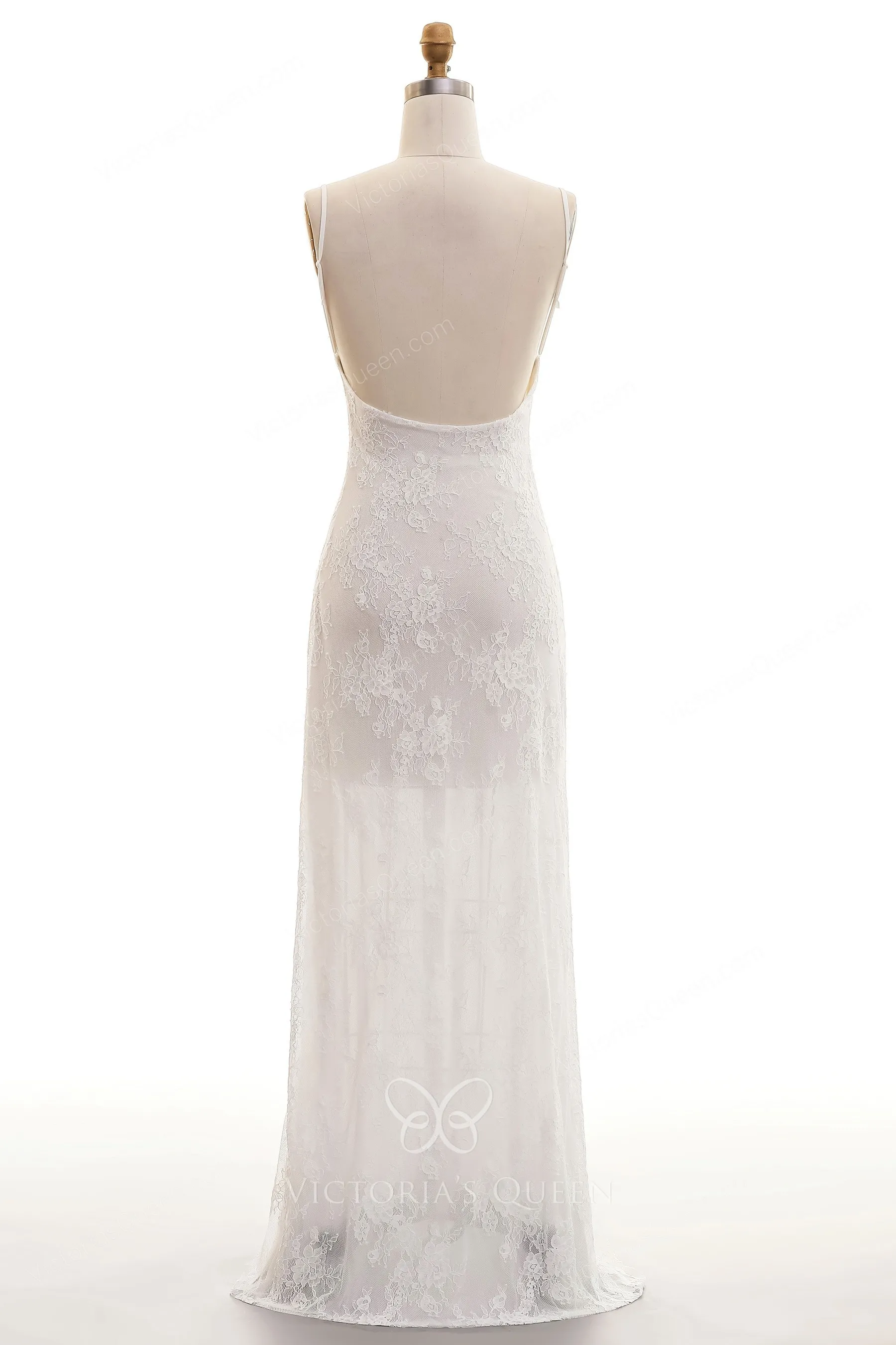 Ivory Lace Spaghetti Strap V-neck Sheath Boho Bridal Dress - VQ