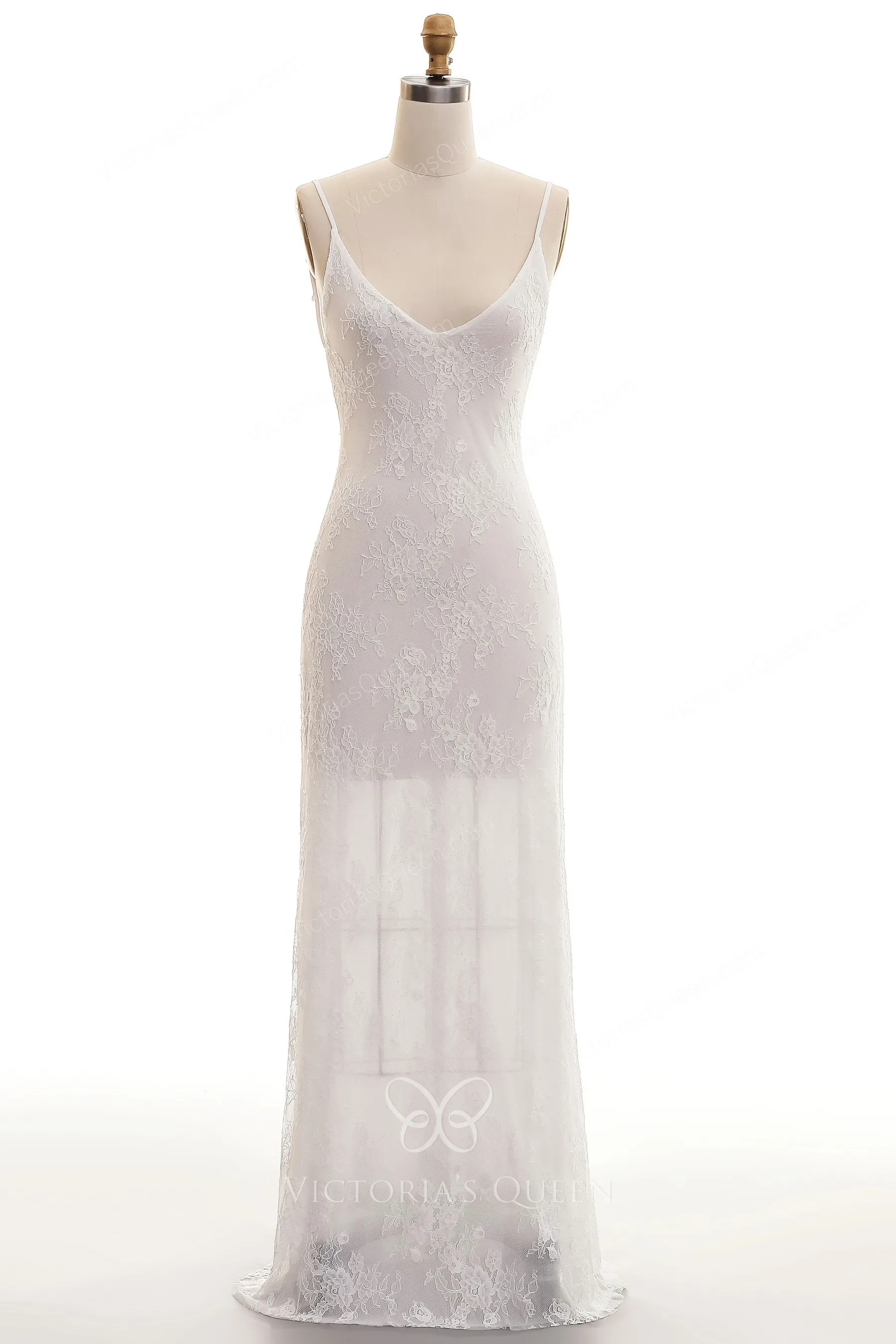 Ivory Lace Spaghetti Strap V-neck Sheath Boho Bridal Dress - VQ