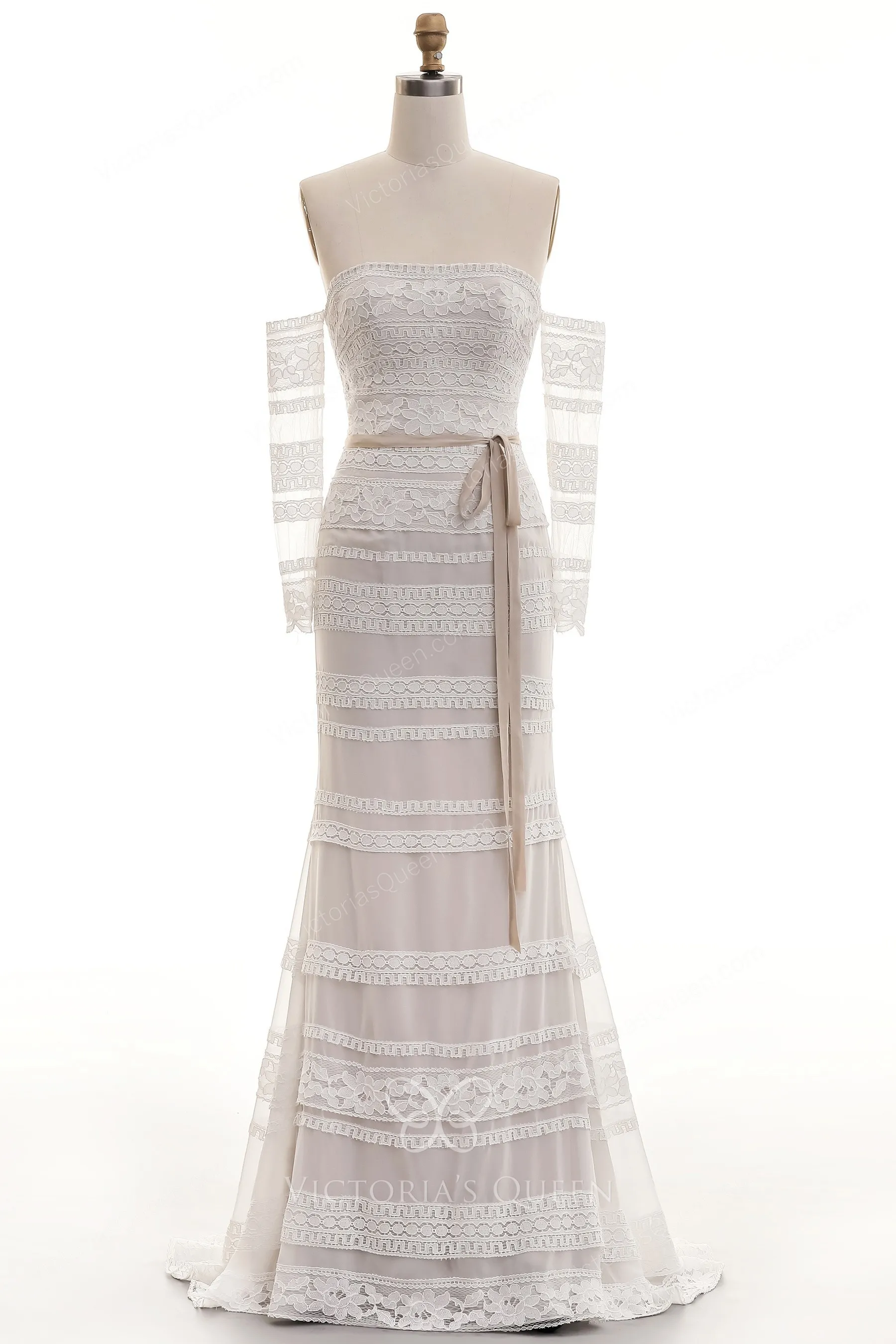 Striped Lace Strapless Sheath Long Sleeve Boho Bridal Dress - VQ