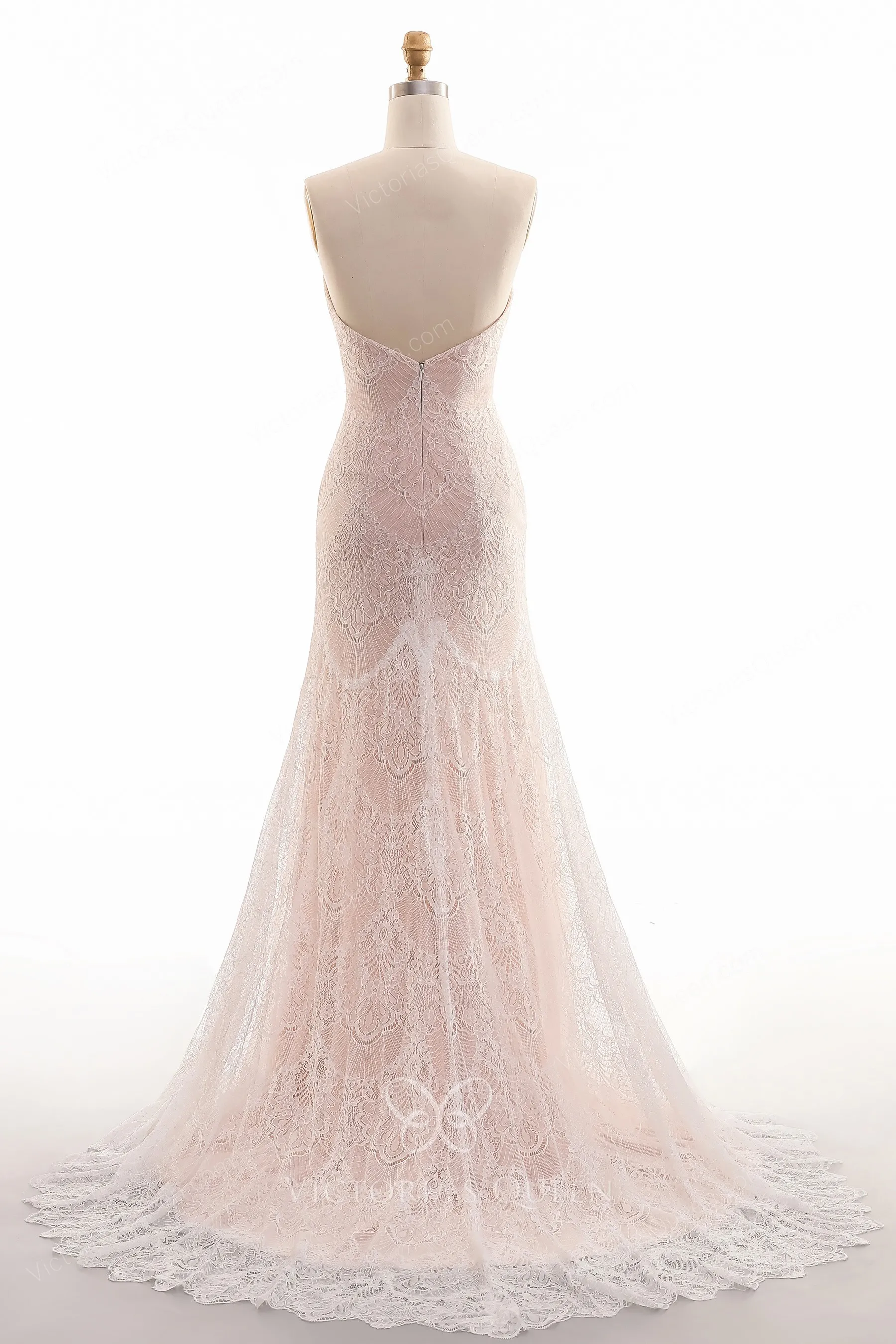 Pink Sweetheart Lace & Tulle Sheath Boho Bridal Gown - VQ
